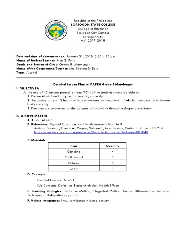 Grade 8 Alcohol Awareness Lesson Plan | PDF