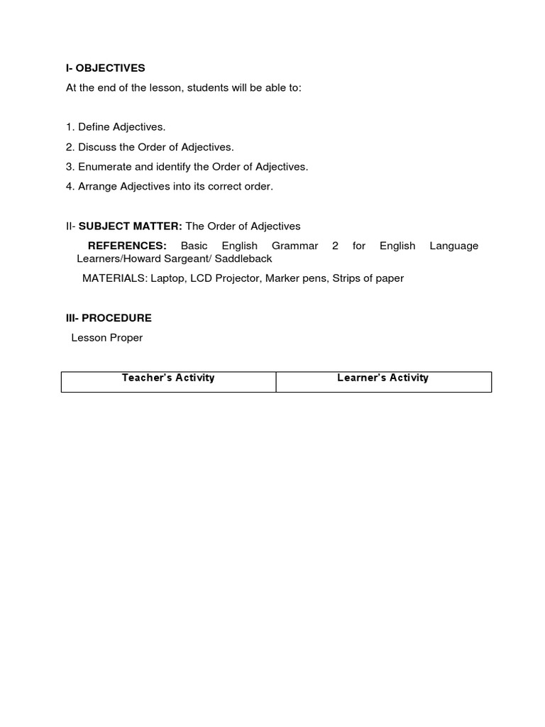 Lesson Plan - Order of Adjectives | PDF