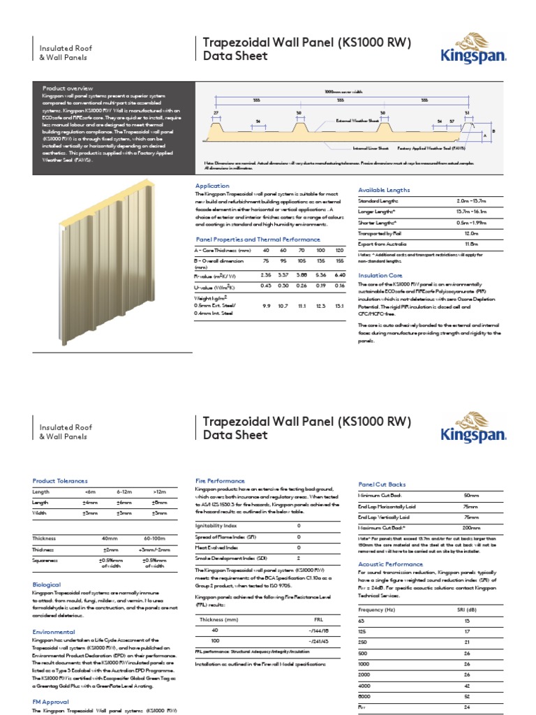 Kingspan Trapezoidal Wall Panel KS1000RW Datasheet AU EN | PDF