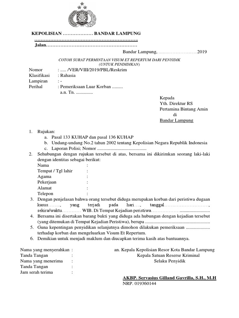 CONTOH Surat Permintaan Visum Dari Polisi A4 | PDF