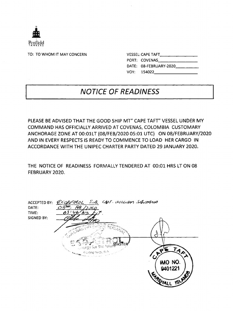 Notice of Readiness Tendered for Cargo Loading on Cape Taft | PDF ...
