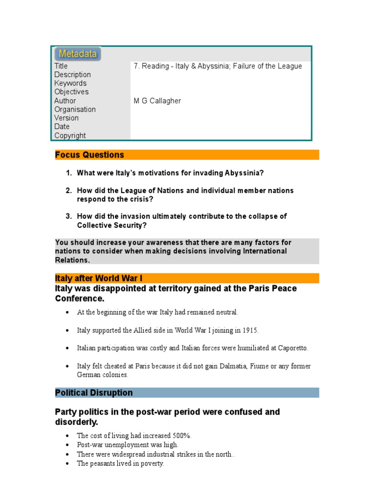 7 - Italy and Abyssinia - Failure of The League | PDF | Benito ...