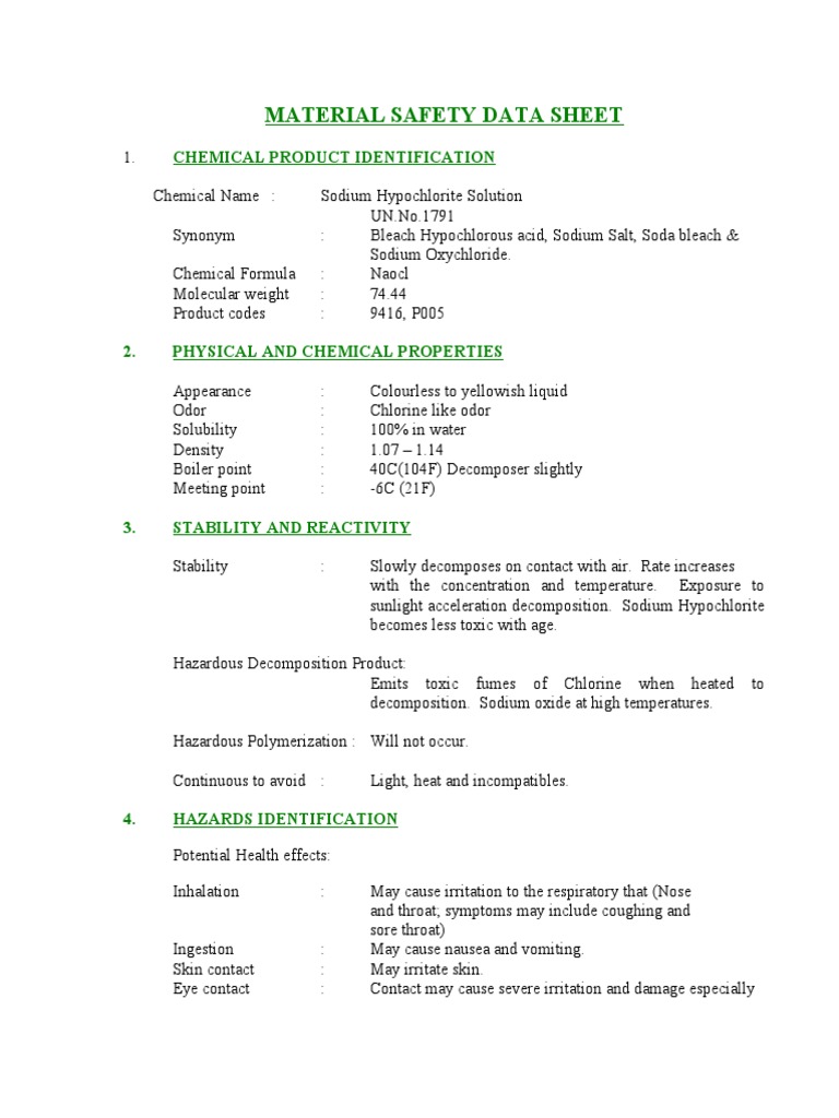 Hypo Msds | Download Free PDF | Physical Sciences | Chemistry