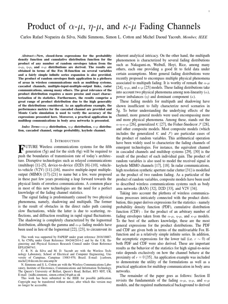 Product of Alp Mu Eta Mu and Kappa Mu Fading Channels PDF | PDF