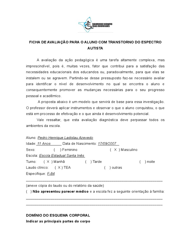 Ficha de Avaliação para o Aluno Com Transtorno Do Espectro Autista | PDF