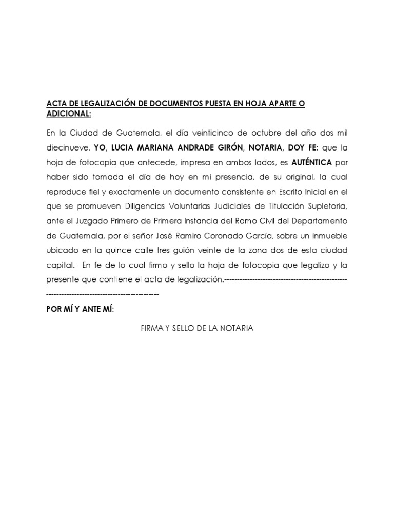 Acta de Legalización de Documentos Puesta en Hoja Aparte o Adicional | PDF