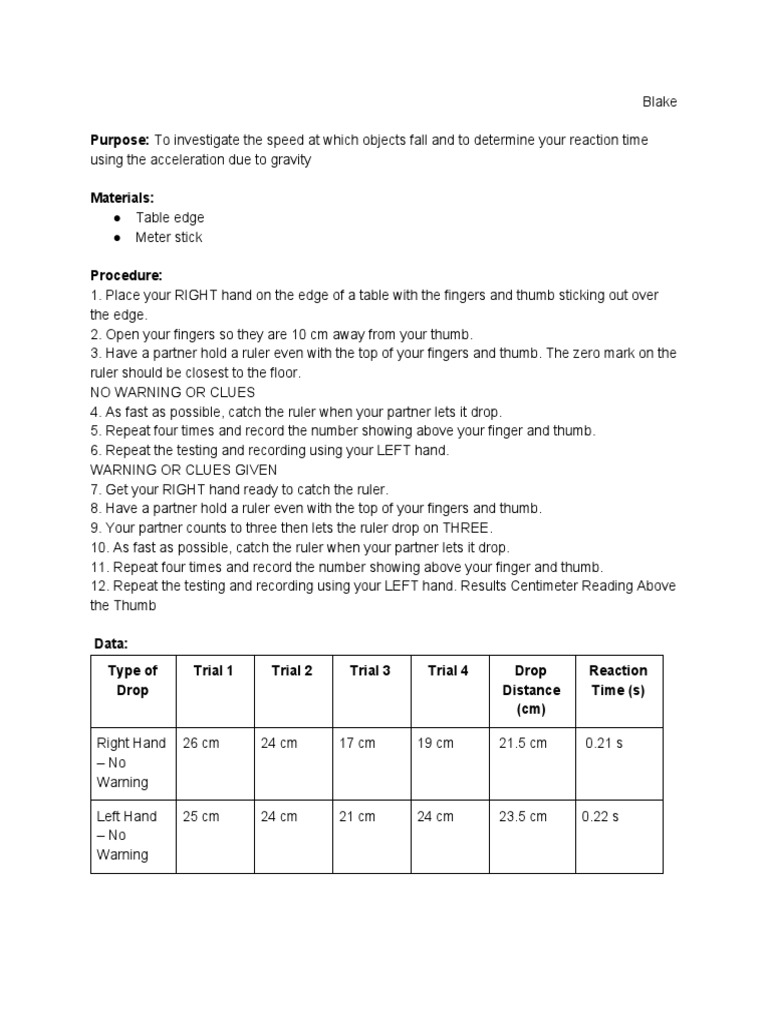 Reaction Time Lab | PDF | Metre | Hand