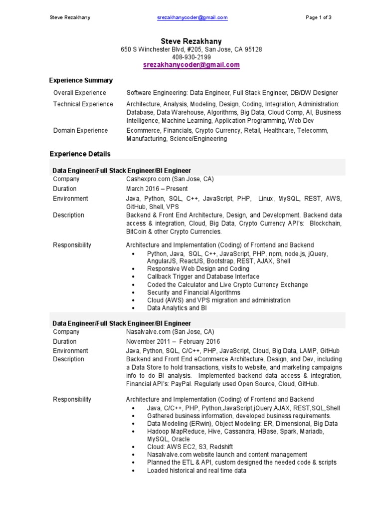 Dice Resume CV Steve Rezakhany PDF | PDF | Databases | Java (Programming Language)
