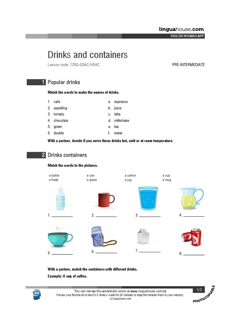 English Drinks Vocabulary Guide | PDF | Drink | Syntax