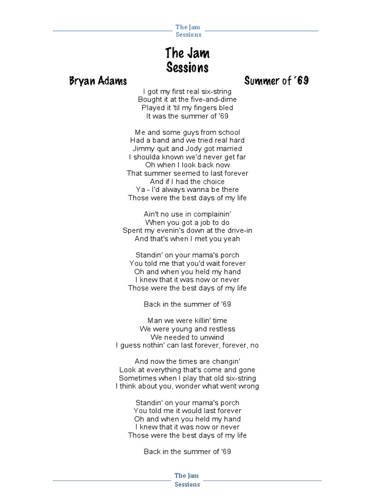 Summer of '69 - Lyrics | PDF