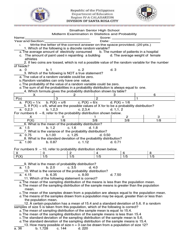 Midterm Exam in Statistics and Probability Grade 11 | PDF | Standard Deviation | Variance