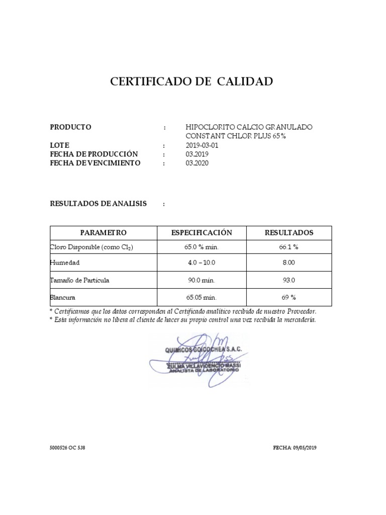 Certificado de Calidad Constant Chlor Plus | PDF