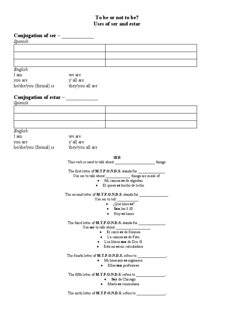 Ser v. Estar Guided Notes | PDF | Language Arts & Discipline | Self ...
