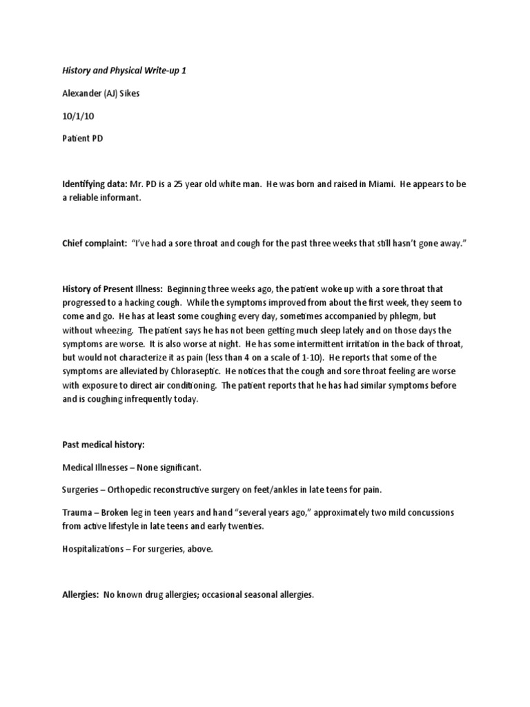 History and Physical Write-Up 1 | PDF | Cough | Allergy