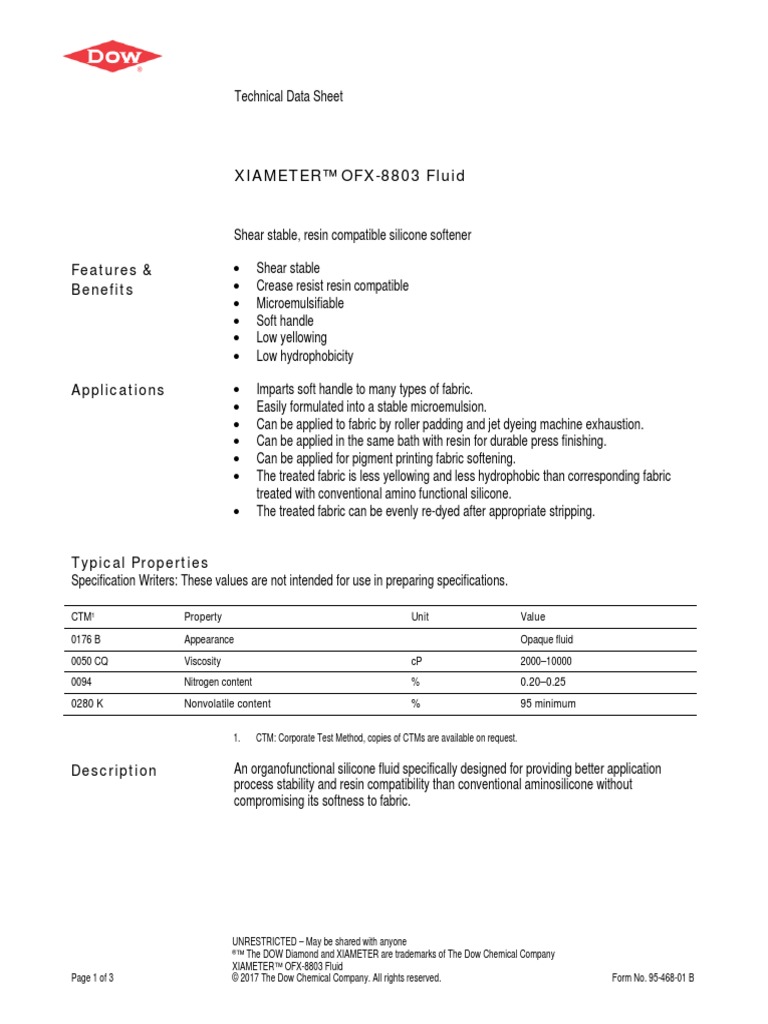 XIAMETER® OFX-8803 Silicone Fluid PDF | PDF | Silicone | Dow Chemical ...