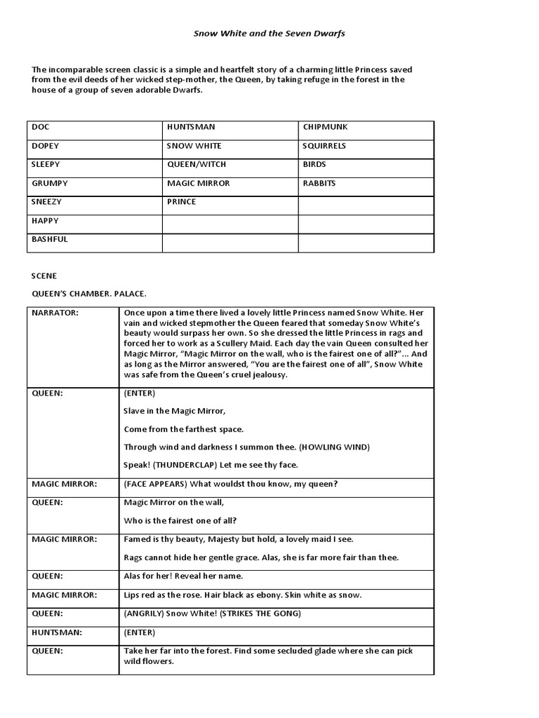 Snow White and the Seven Dwarfs Script | PDF | Snow White