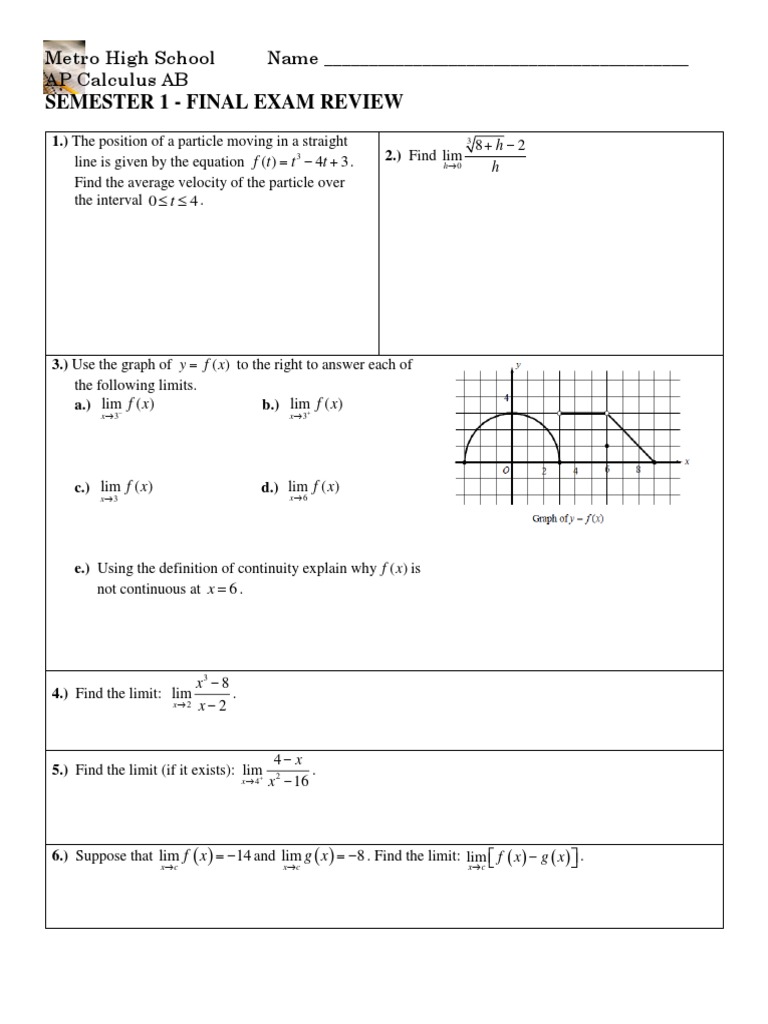 AP Calculus AB - Final Exam Review - Semester 1 - 2016 | PDF ...