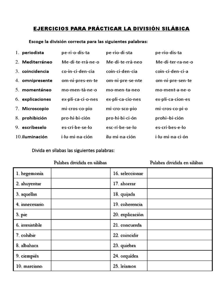 Ejercicios de División Silábica | PDF | Voz humana | Fonética