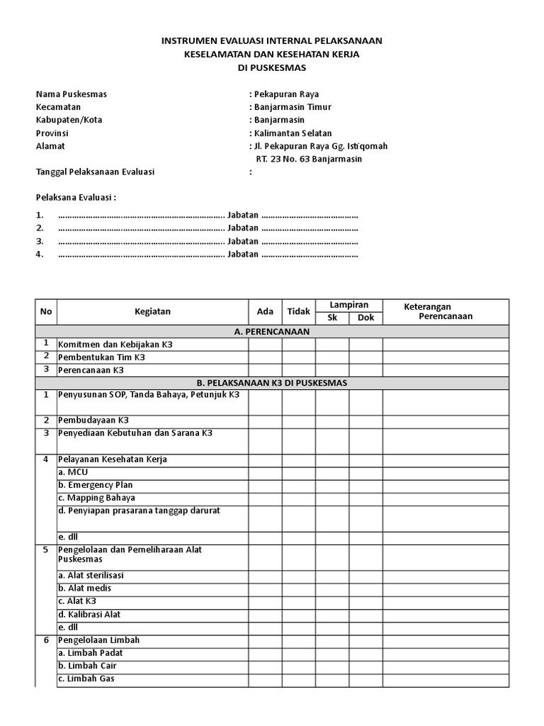 Ceklist K3 Puskesmas Pekapuran Raya (Blanko) | PDF