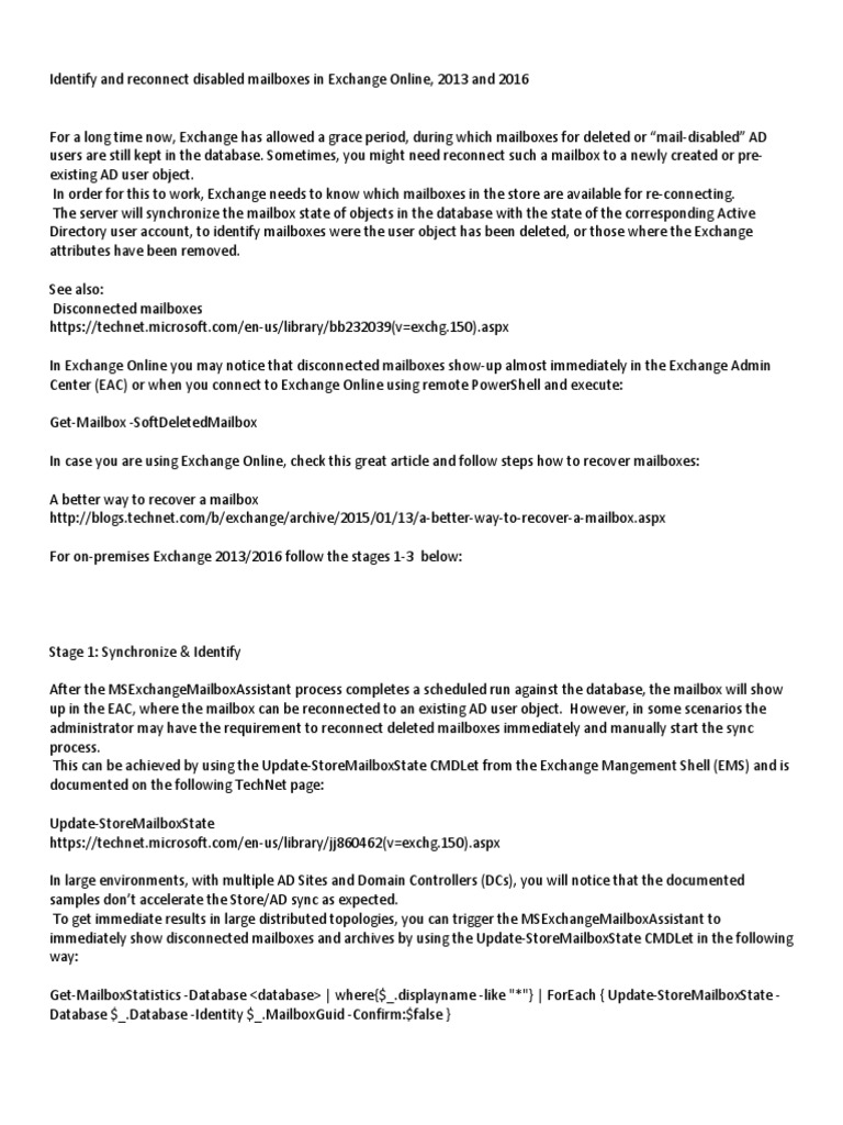 Identify and Reconnect Disabled Mailboxes in Exchange Online | PDF ...