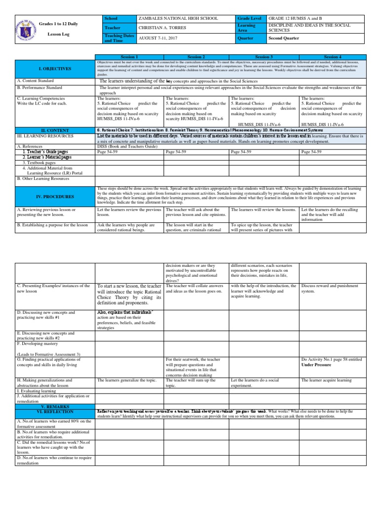 DISS DLL August 7-11, 2017 | PDF | Learning | Teachers