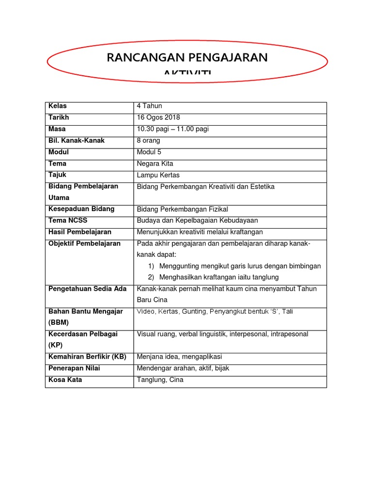 Rancangan Pengajaran Kraftangan Tanglung | PDF