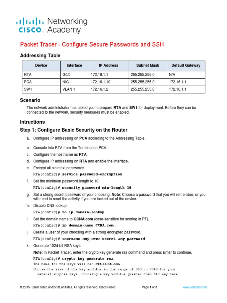 16.4.6 Packet Tracer - Configure Secure Passwords and SSH | PDF | Secure Shell | Command Line ...
