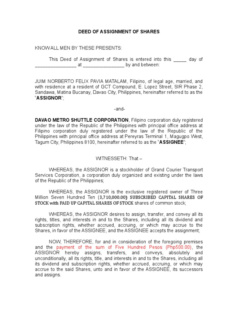 Deed of Assignment Sample | PDF | Assignment (Law) | Law And Economics