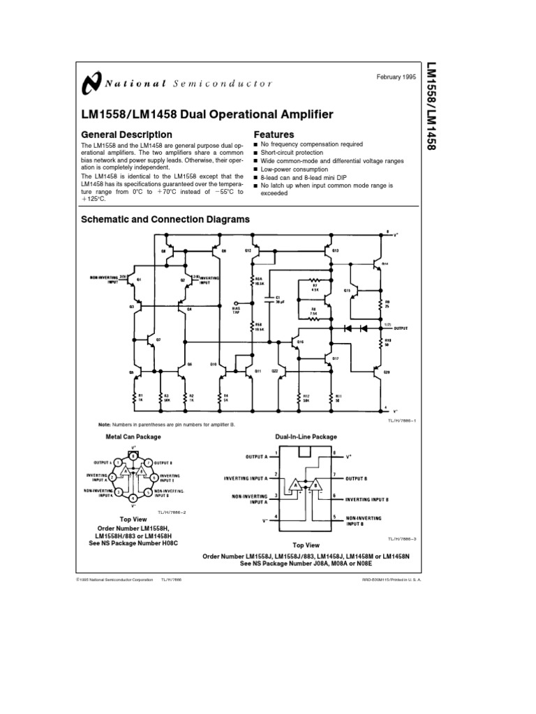 LM1558/LM1458 Dual Operational Amplifier: General Description Features ...