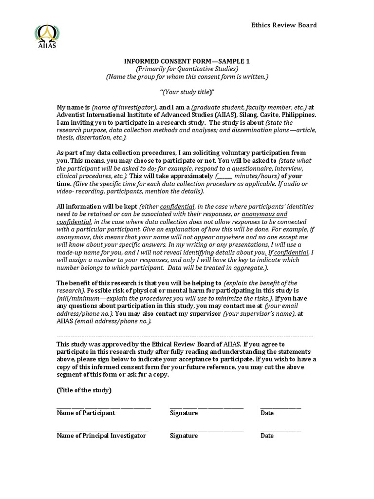 2018 - 06 - Sample Informed Consent (Quantitative) PDF | PDF | Informed Consent | Research Methods