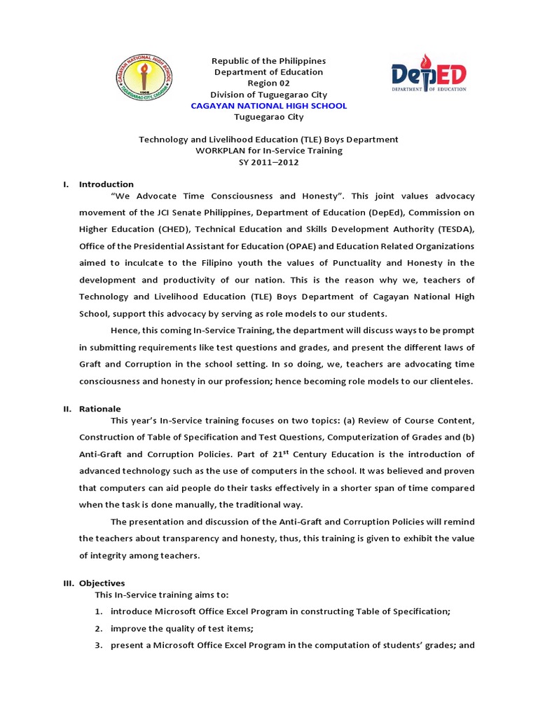 TLE Boys Department In-Service Training Workplan | PDF | Behavior Modification | Cognition