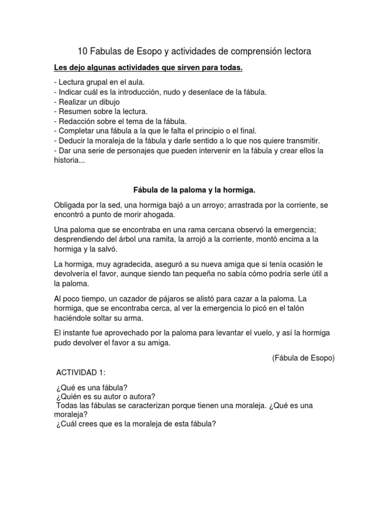 10 Fabulas de Esopo y Actividades de Comprensión Lectora | PDF | Fábula ...