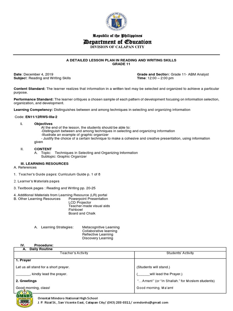 Graphic Organizer Lesson Plan for Grade 11 | PDF | Idea | Brainstorming