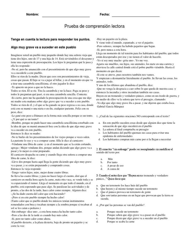 Prueba Comprensión Lectora | PDF