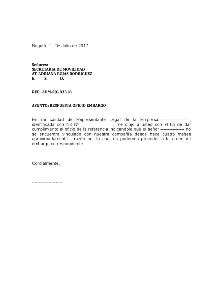 Respuesta Oficio Juzgado Embargo-Modelo 3 | PDF Respuesta Oficio Juzgado Embargo-Modelo 3 | PDF