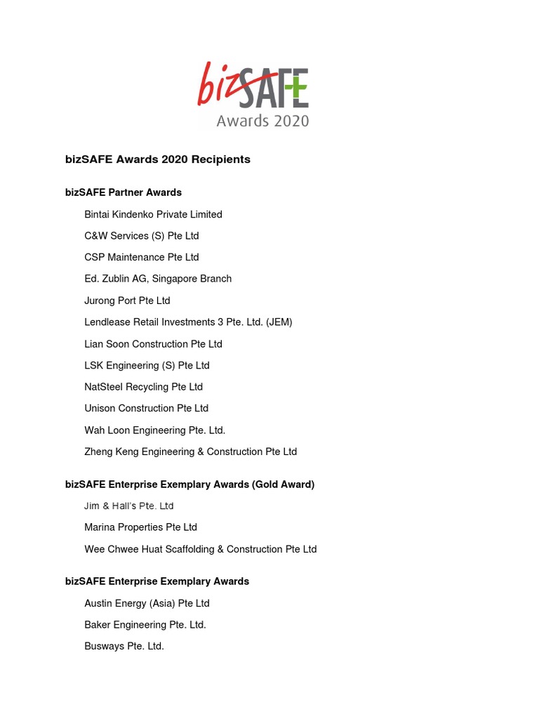 bizSAFE Awards 2020 Winners List | PDF