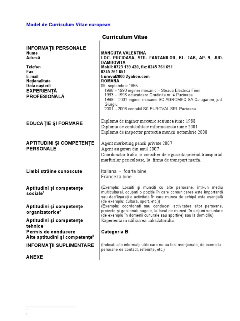 Model de Curriculum Vitae European