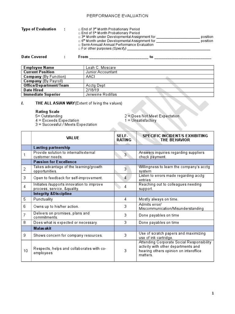 Performance Evaluation Summary for Junior Accountant | PDF | Accounts ...