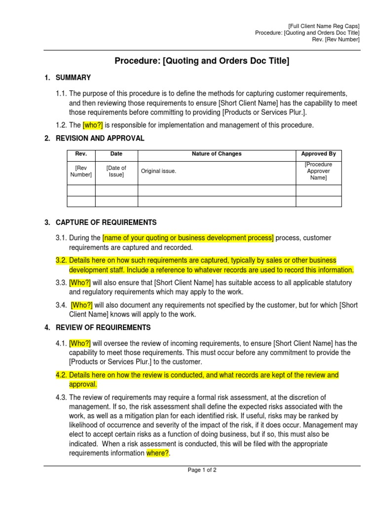 Procedure - Quoting and Orders | PDF | Risk Assessment | Risk
