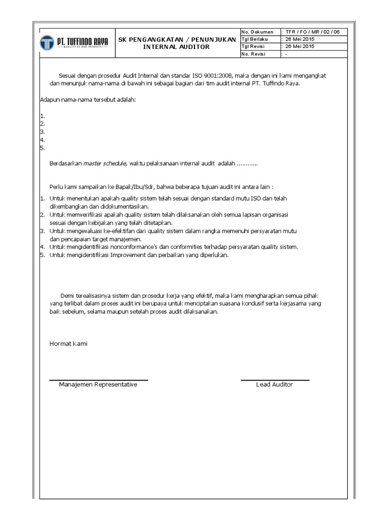06 Formulir SK Pengangkatan Internal Auditor Rev 0 | PDF