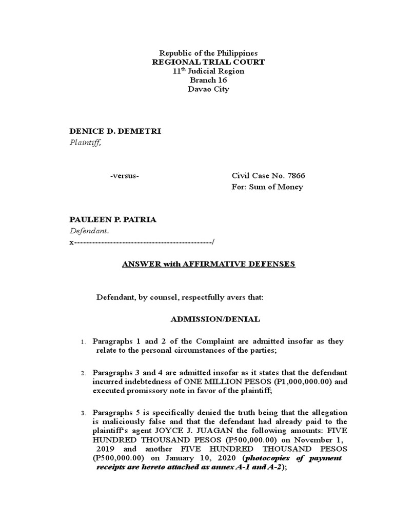 Answer With Affirmative Defenses | PDF | Lawsuit | Judiciaries