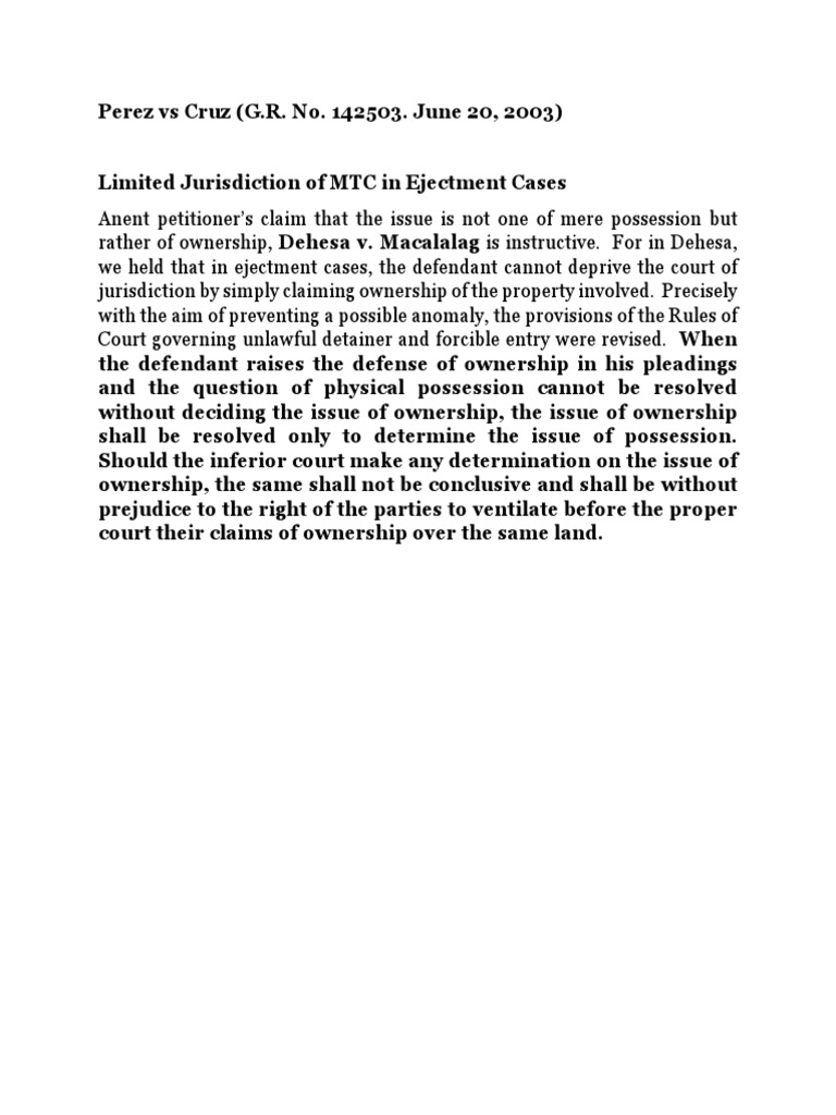Perez Vs Cruz - Limited Jurisdiction of MTC in Ejectment Cases | PDF ...