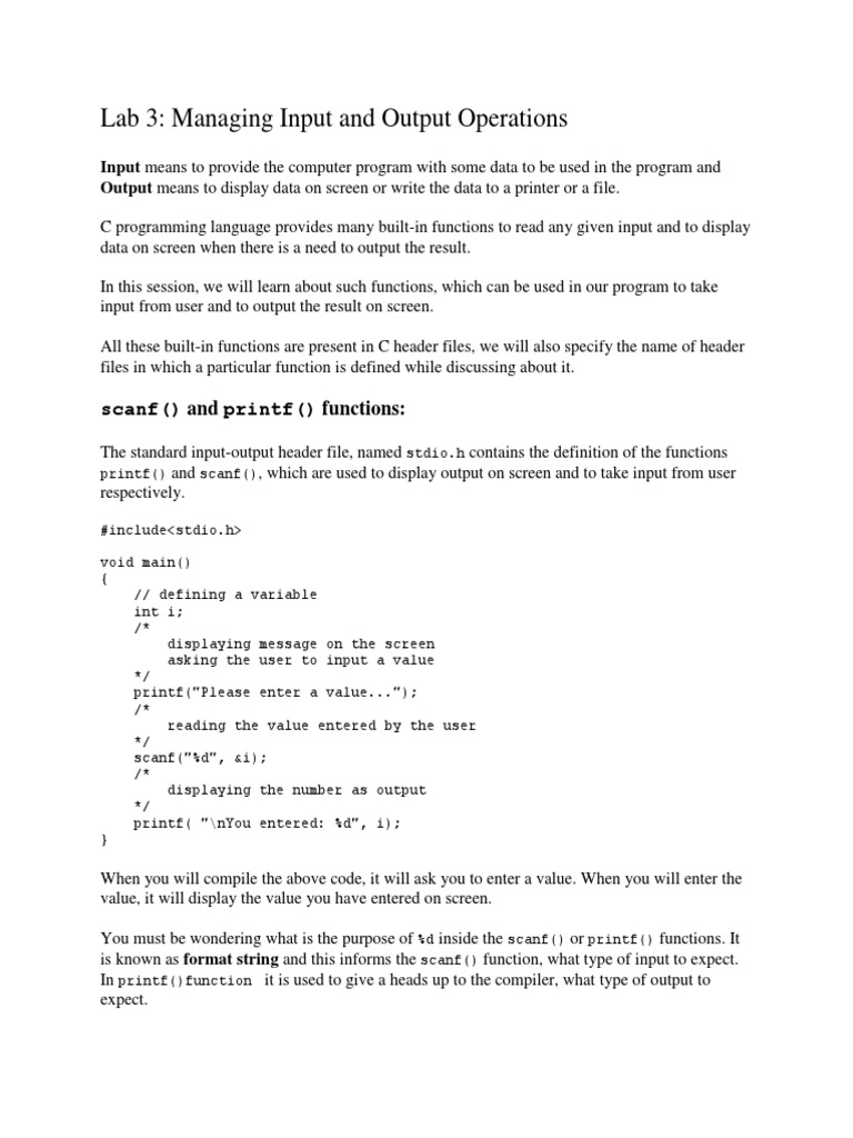 Lab 3 Input and Output Operations | PDF | Notation | Areas Of Computer ...