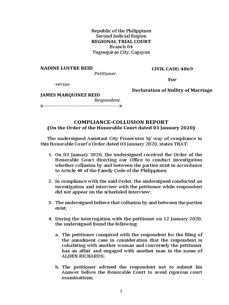 Collusion Report in Marriage Nullity Case | PDF | Prosecutor | Annulment