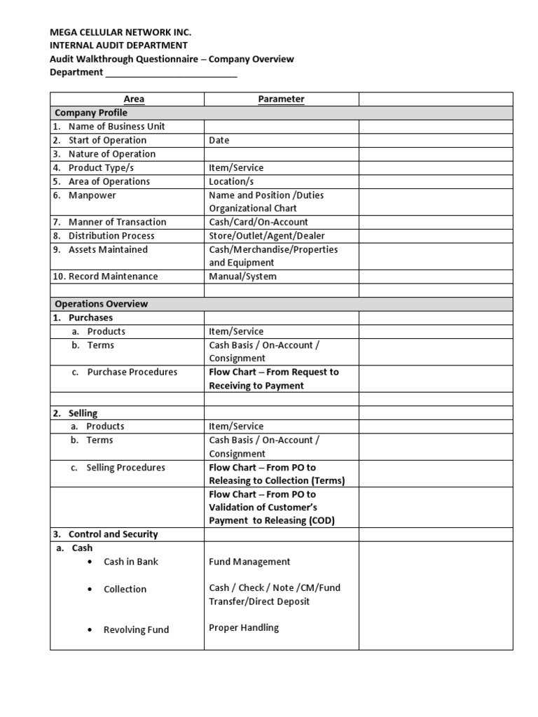 Audit Walkthrough Questionnaire | PDF | Payments | Banks