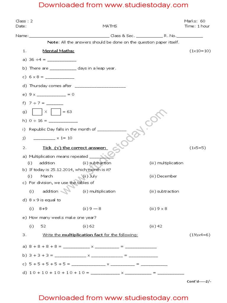 CBSE Class 2 Maths Sample Paper Set B - 0 | PDF | Teaching Mathematics