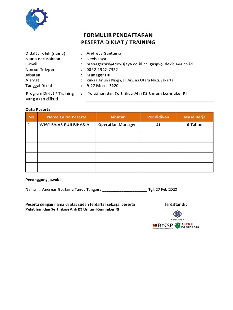 Formulir Pendaftaran Ahli K3 Umum - PT Devis Jaya | PDF