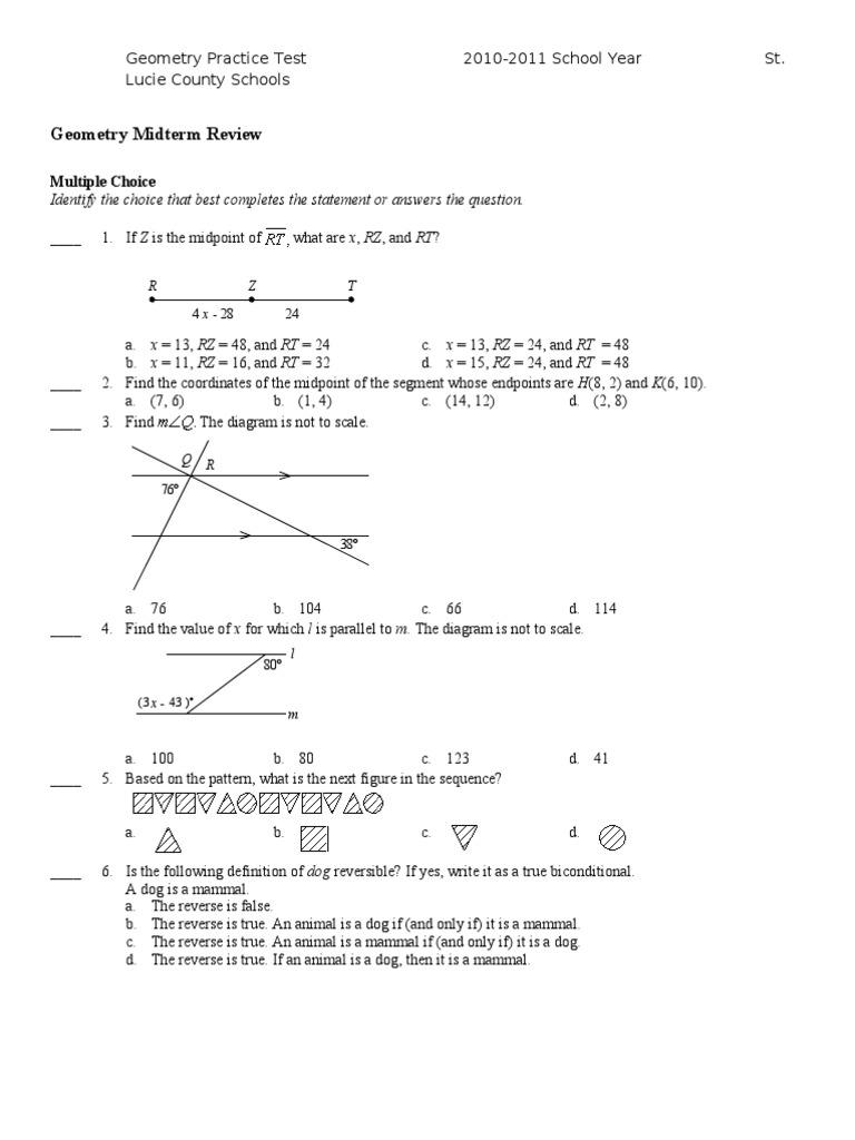 St. Lucie County Geometry Semester 1 Review | PDF | Area | Euclid