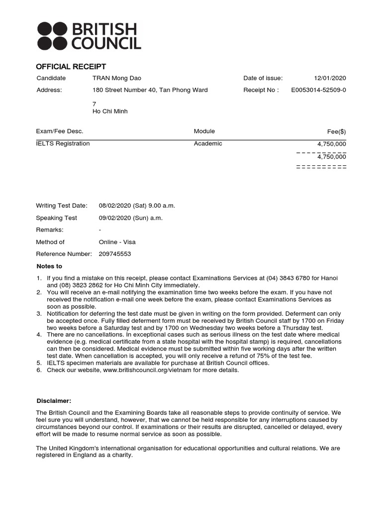 IELTS Receipt PDF | PDF | International English Language Testing System ...