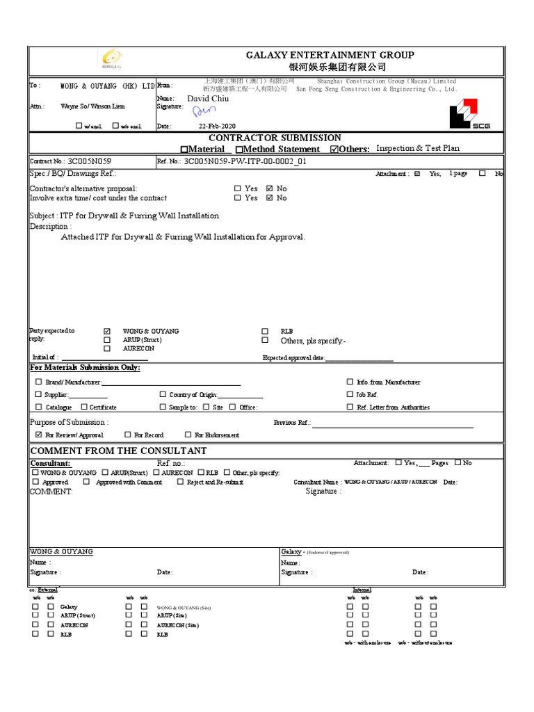 Drywall & Furring Wall ITP Approval | PDF | Drywall | Building Materials